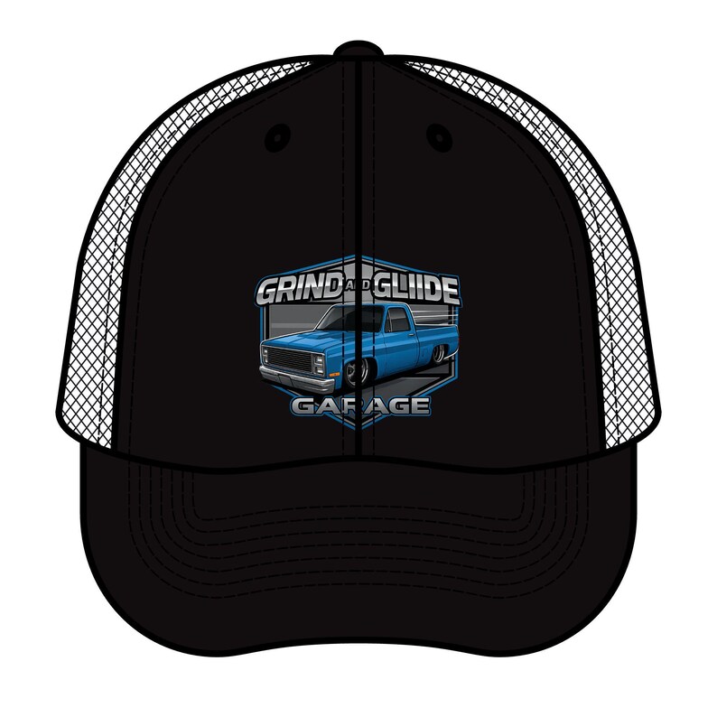 Grind & Glide Garage Blue Truck Trucker Hat | Retro Automotive Mesh Cap ...