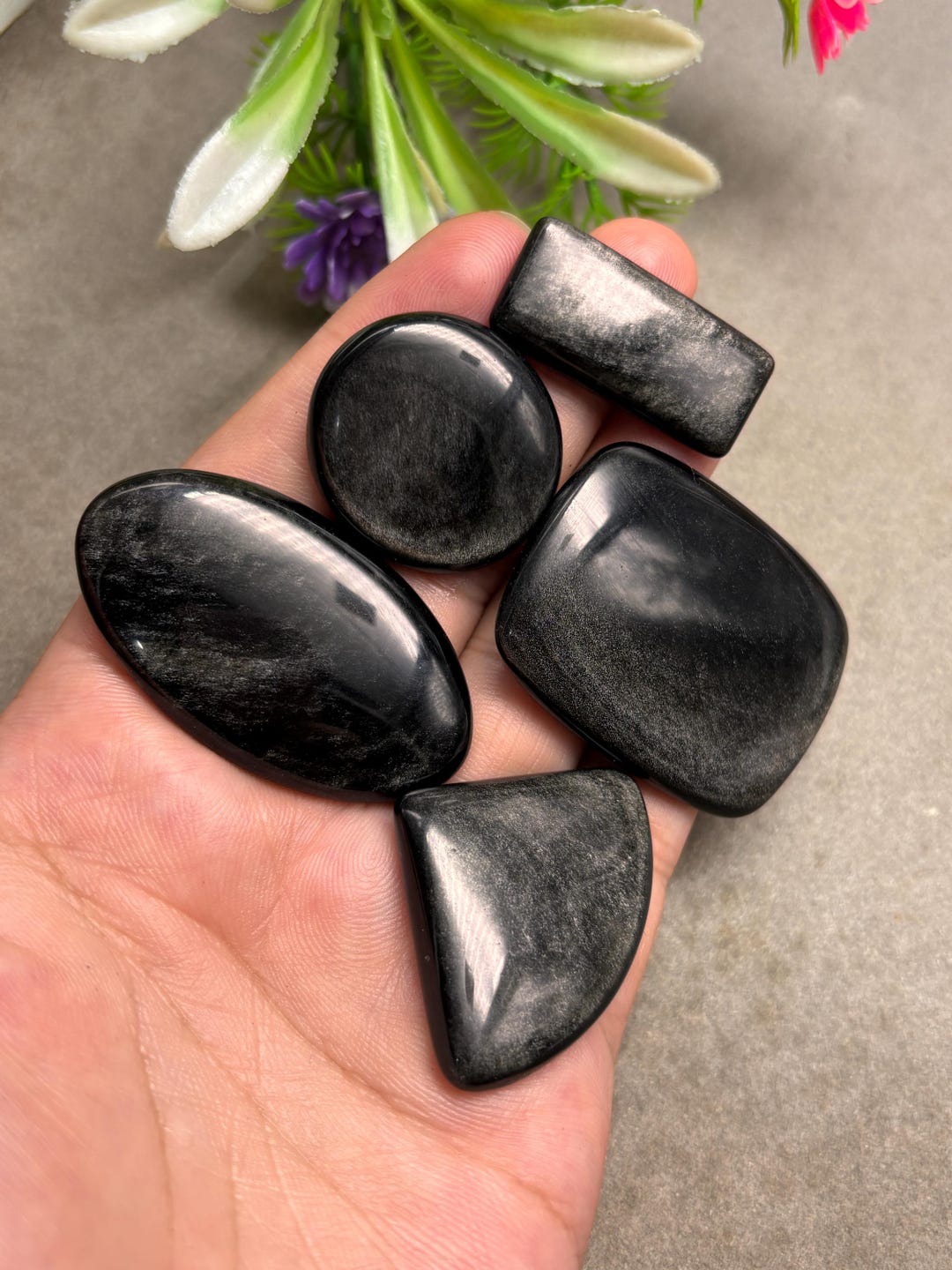 Batch of 5 Natural Silver Sheen Obsidian Cabochon Mixed Shape Wholesale ...