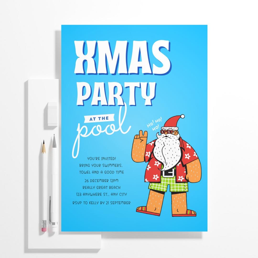 Christmas Pool Party Invitation Template, Xmas Pool Party, Summer Party ...