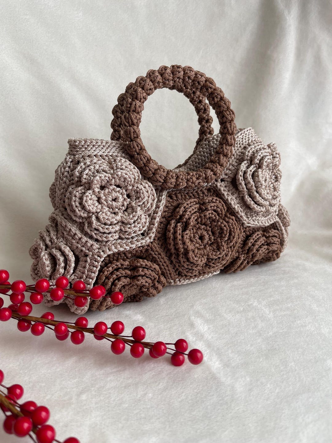 Handmade Rose Crochet Bag/brown-latte Rose Bag/women Bag/purse/luxury ...