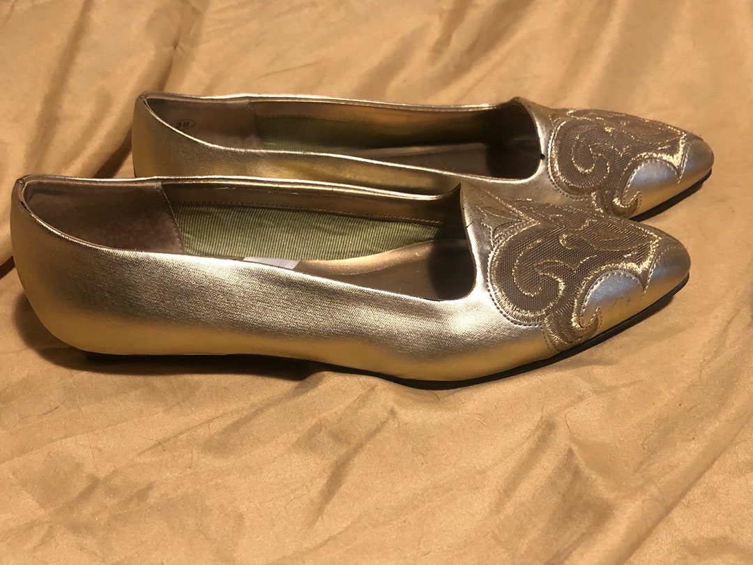 Gold Pointed Toe Flats With Mesh Cutout - Etsy