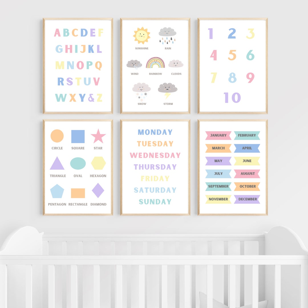 SET OF 6 Toddler Educational Pastel Poster | Multipack Print Set ...