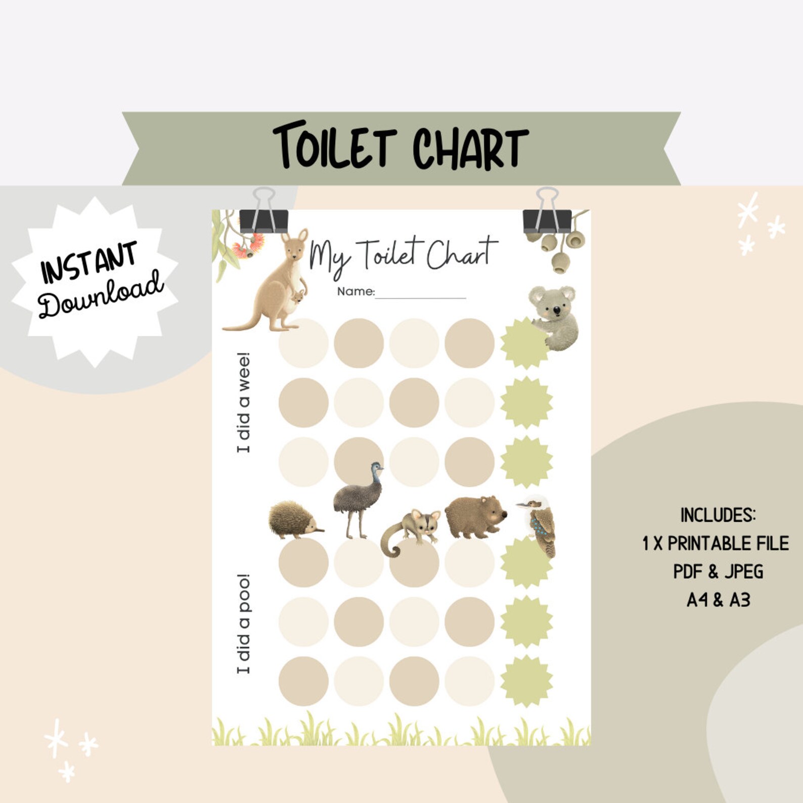 Toilet Chart Printable Aussie Animals | Potty Training Chart | Chore ...