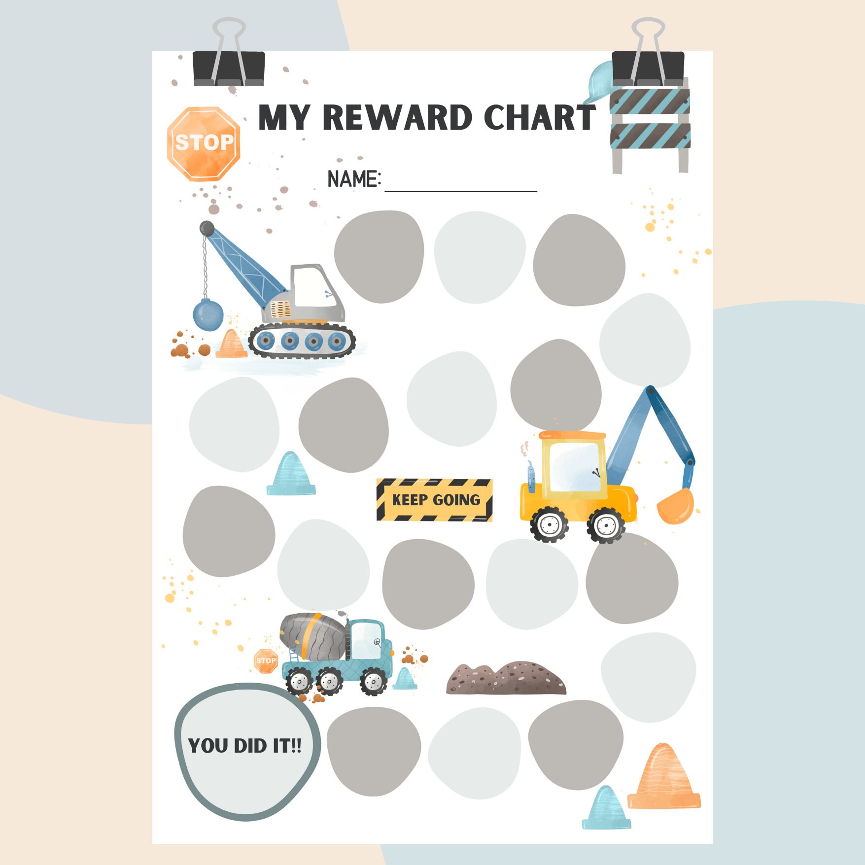 Reward Chart Printable Diggers and Trucks | Potty Training Chart ...