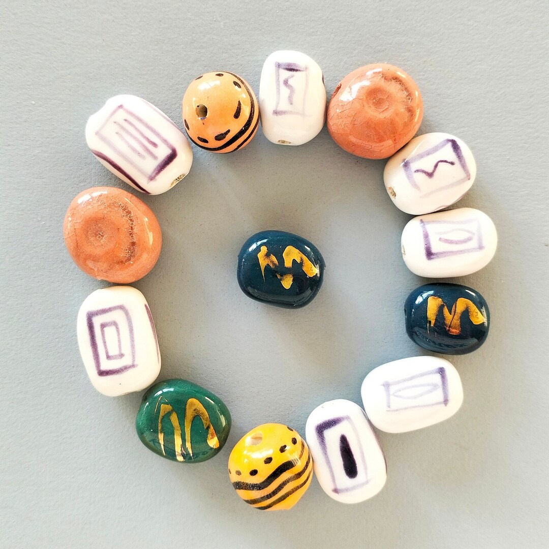 Coastal Beach Beads (14) in Natural Colors Handmade Interesting Painted ...