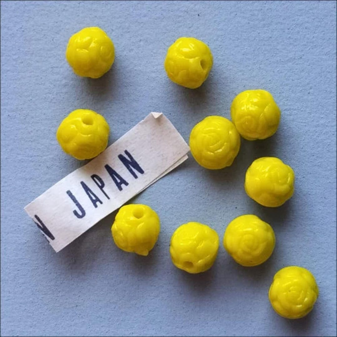 Vintage Lemon Yellow Opaque Pressed Glass Japanese Rose Flower Beads ...