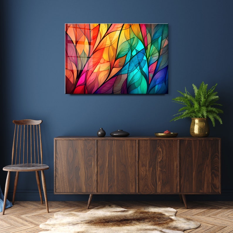 Stained Glass Effect Art, Colorful Leaves Print on Glass, Modern Wall ...