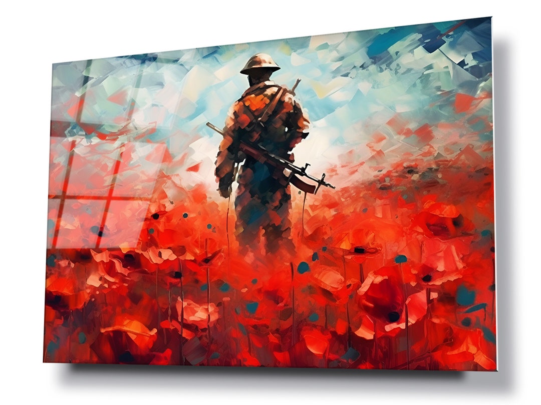 Soldier in Poppy Field Glass Wall Art, Remembrance, HD Digital Print on ...