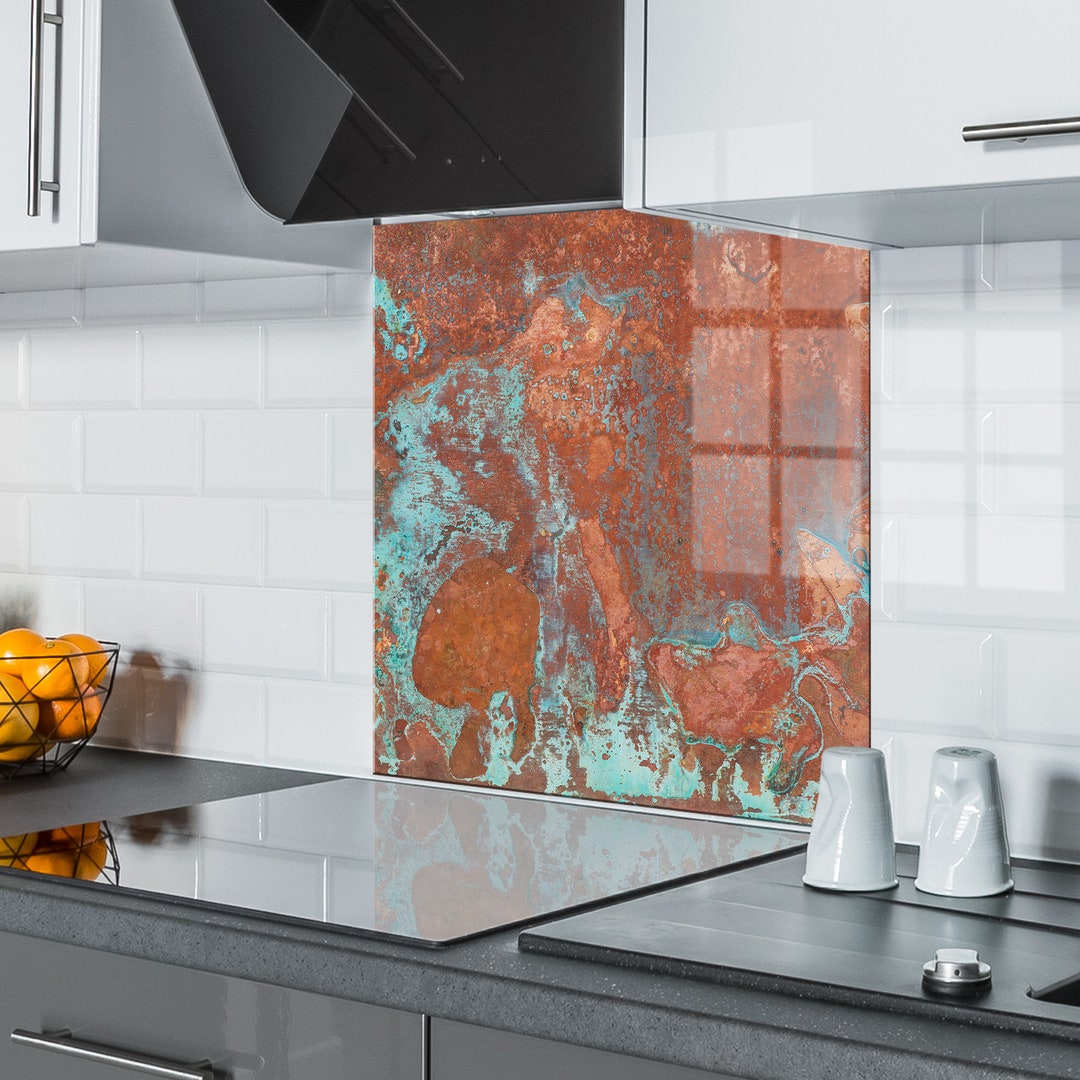 Oxidized Copper Kitchen Splashback – 6mm Toughened Glass Cooker Panel ...