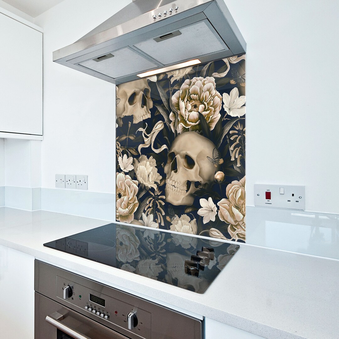 Skulls and Flowers Glass Kitchen Splashback – Heat Resistant Cooker ...