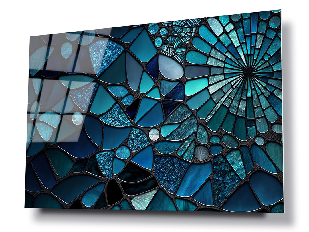 Blue Mosaic Glass Effect Wall Art, HD Digital Print on Glass Poster ...