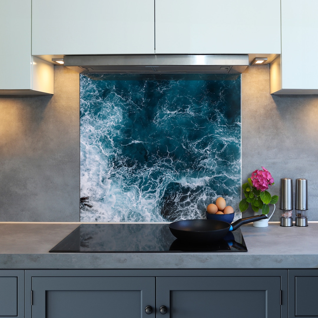 Ocean Waves Crashing Kitchen Glass Splashback - Heat Resistant 6mm ...