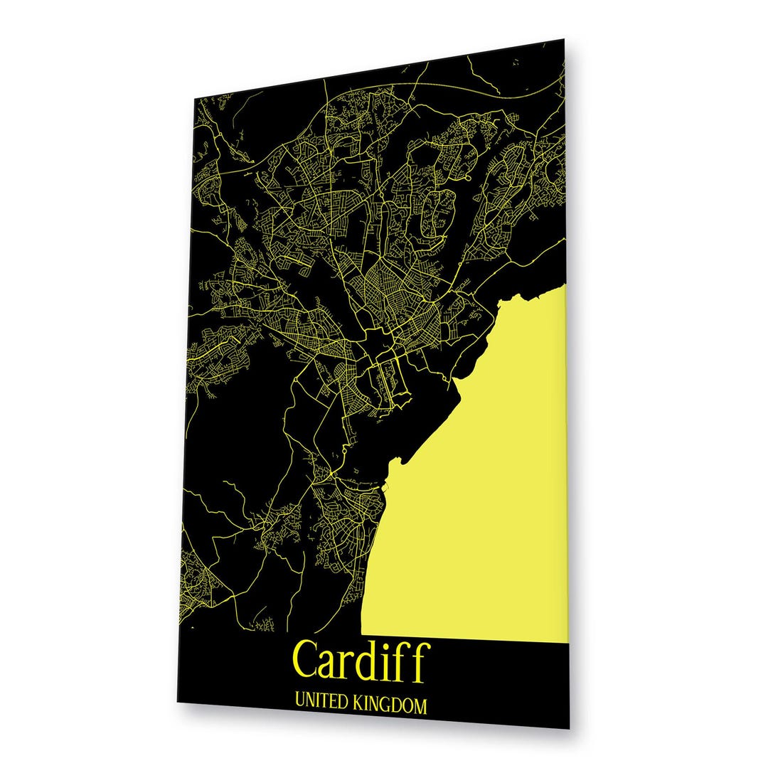 Cardiff Street Map Black Yellow Glass Wall Art, HD Digital Print on ...