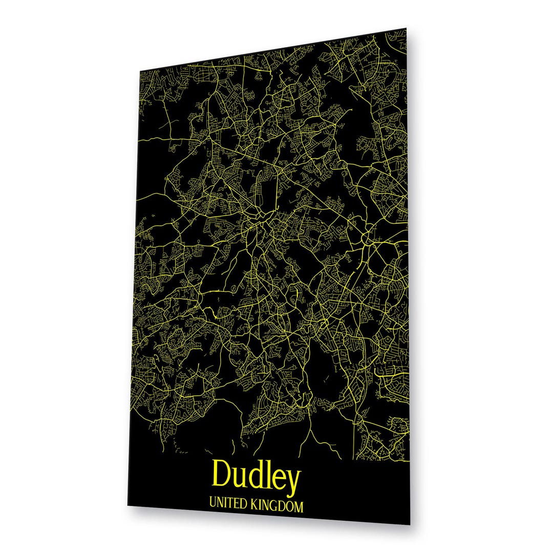 Dudley Street Map Black Yellow Glass Wall Art, HD Digital Print on Glass Poster Wall Hanging ...