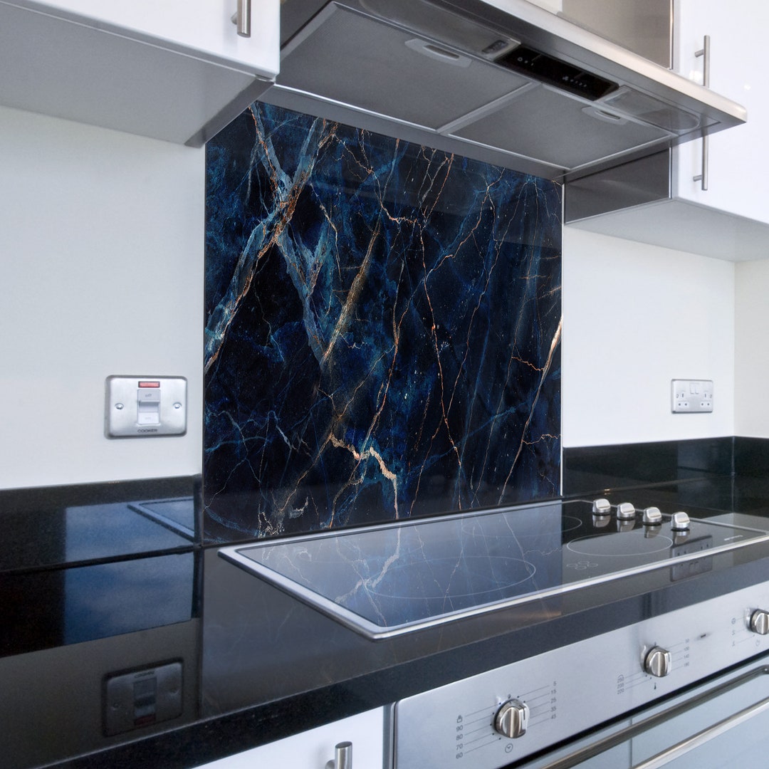 Black Blue Gold Cracked Marble Glass Splashback - Heat Resistant 6mm ...