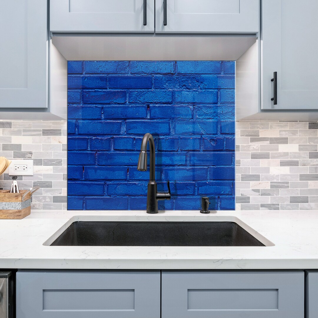 Blue Bricks Kitchen Glass Splashback - Heat Resistant 6mm Toughened ...