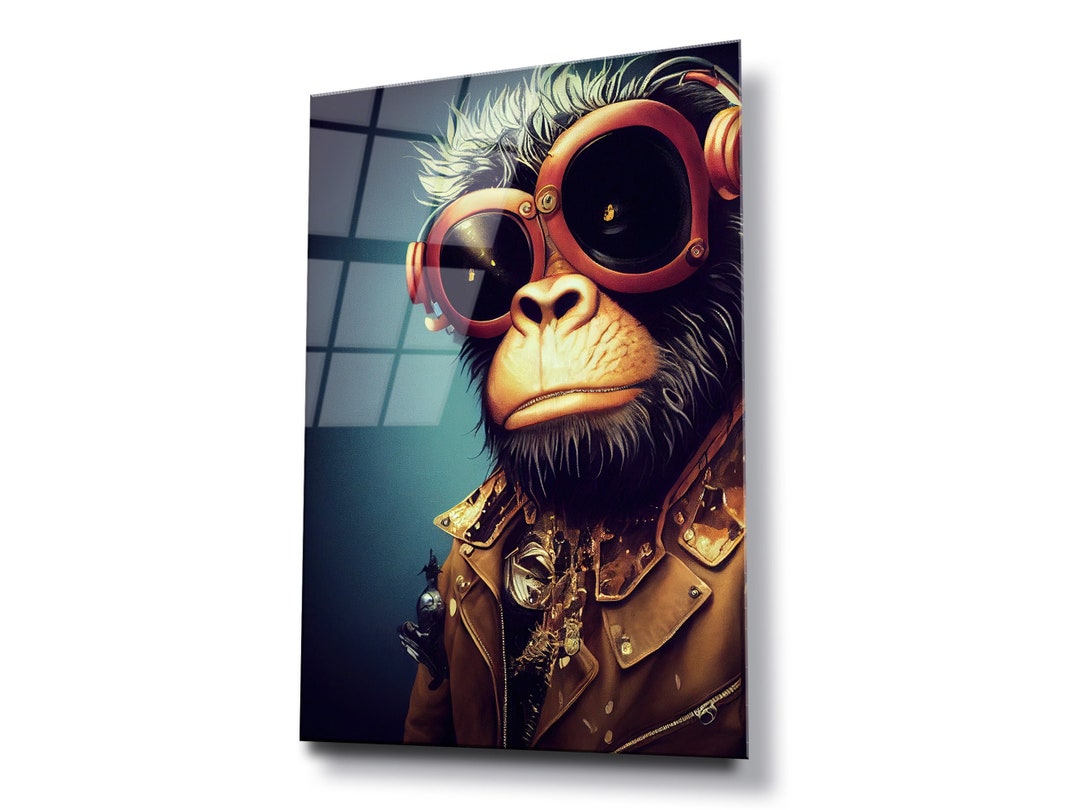 Hipster Punk Chimp Glass Wall Art, HD Digital Print on Glass Poster ...