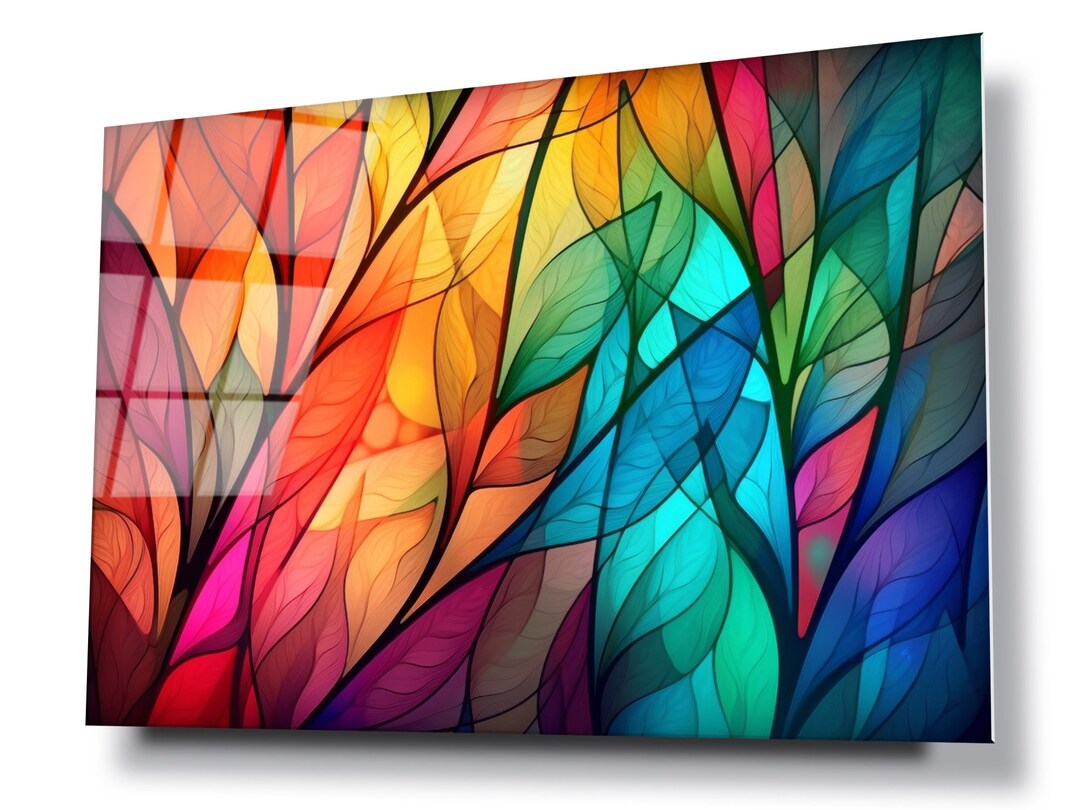 Stained Glass Effect Art, Colorful Leaves Print on Glass, Modern Wall ...