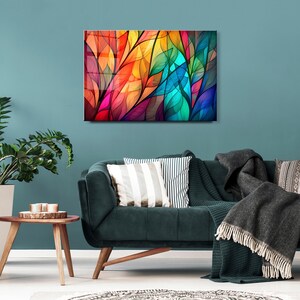 Stained Glass Effect Art, Colorful Leaves Print on Glass, Modern Wall ...