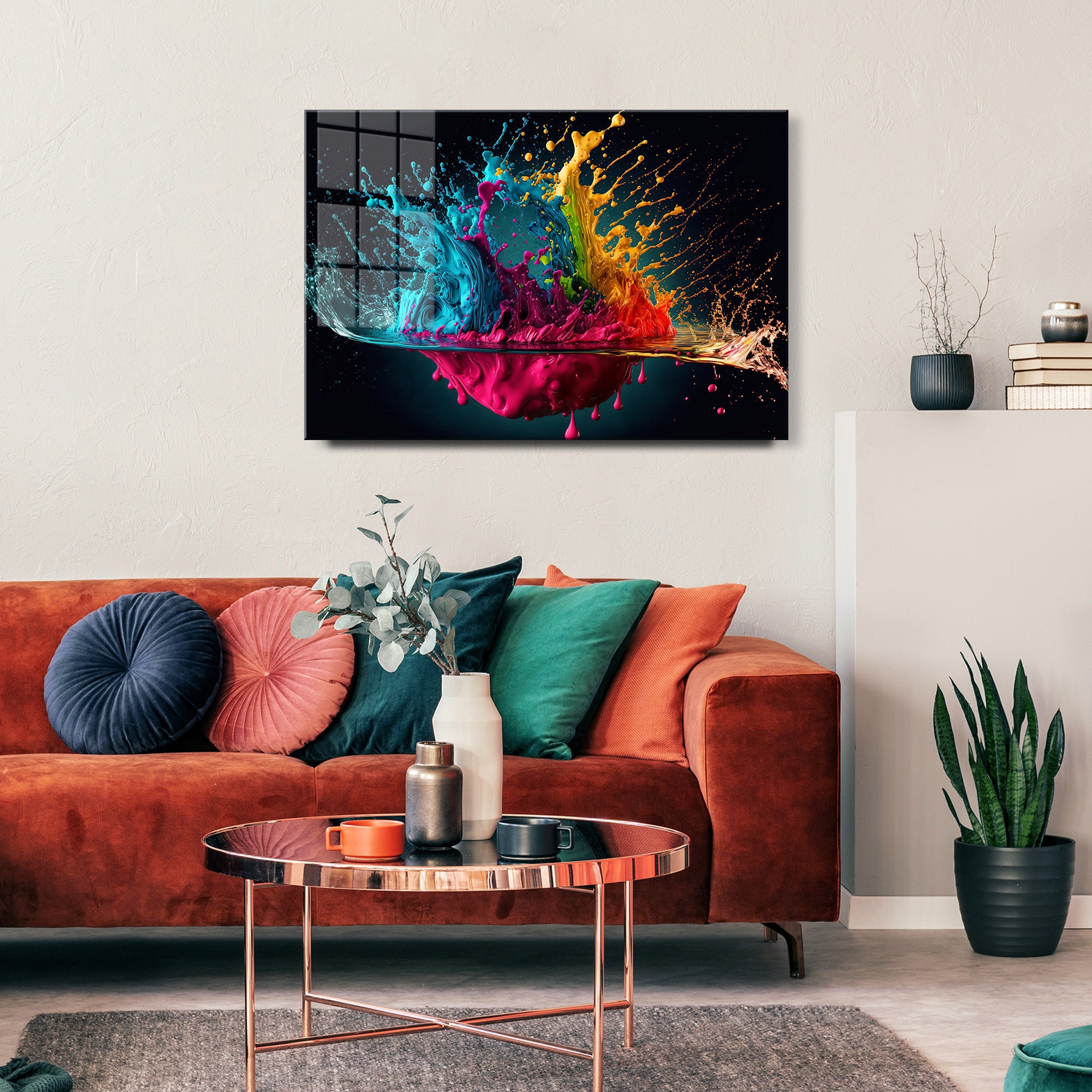 Colourful Paint Splash Glass Wall Art, HD Digital Print on Glass Poster ...