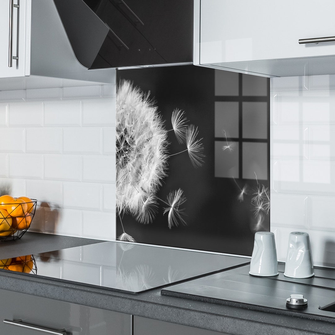 Greyscale Dandelion Kitchen Glass Splashback - Heat Resistant 6mm ...