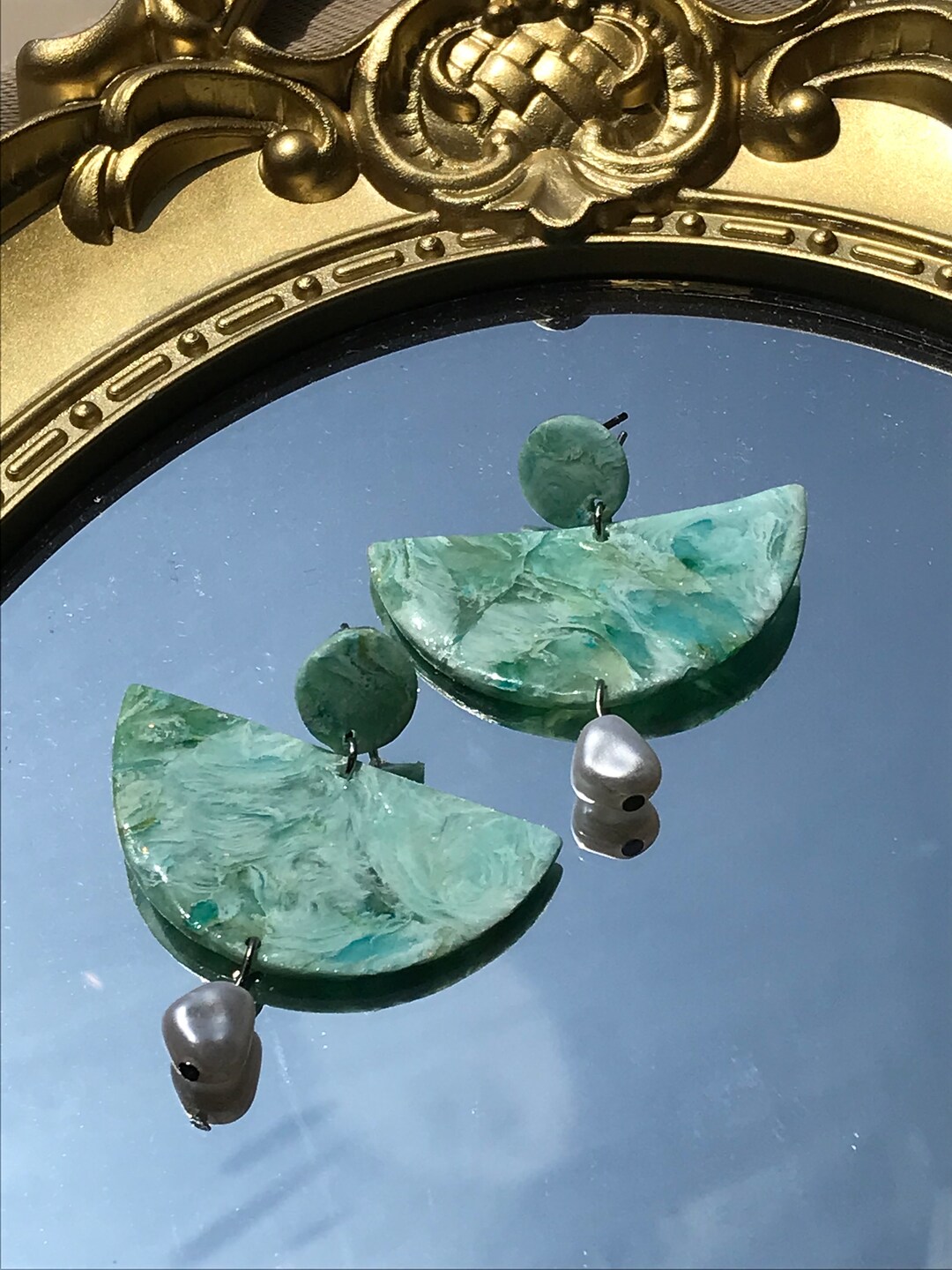 Half Moon and Pearly Whimsical Glittery Marble Minimalist Blue Aqua ...