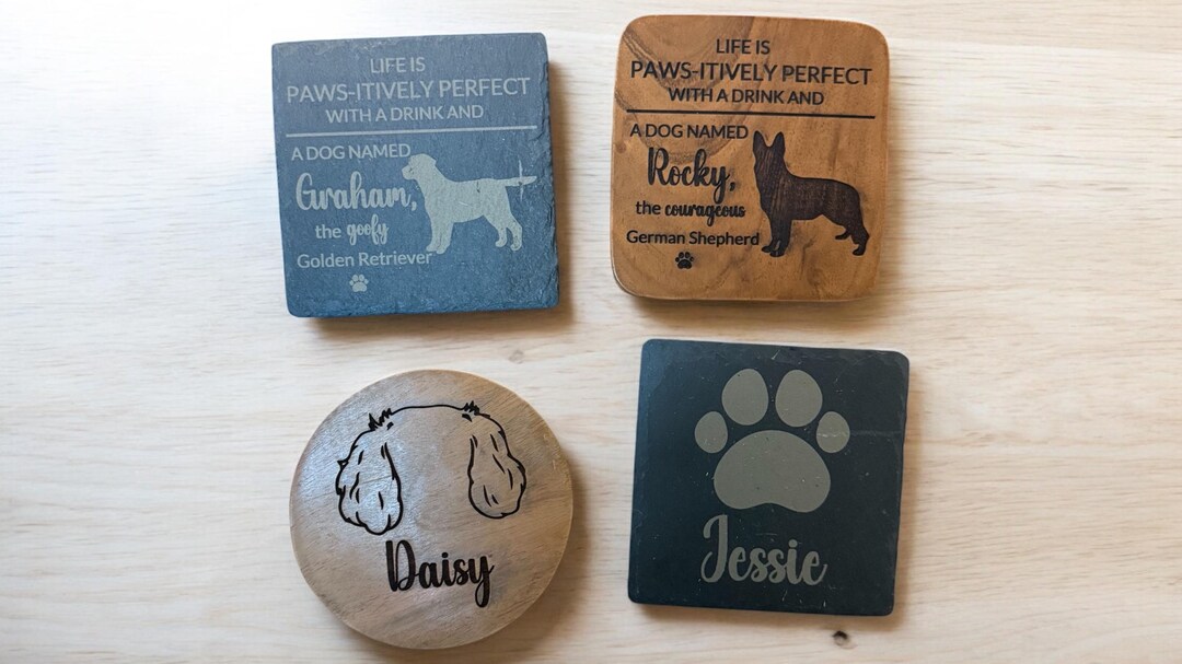 Custom Dog Coasters | Cute Messages With Design | Acacia Wood or Slate ...
