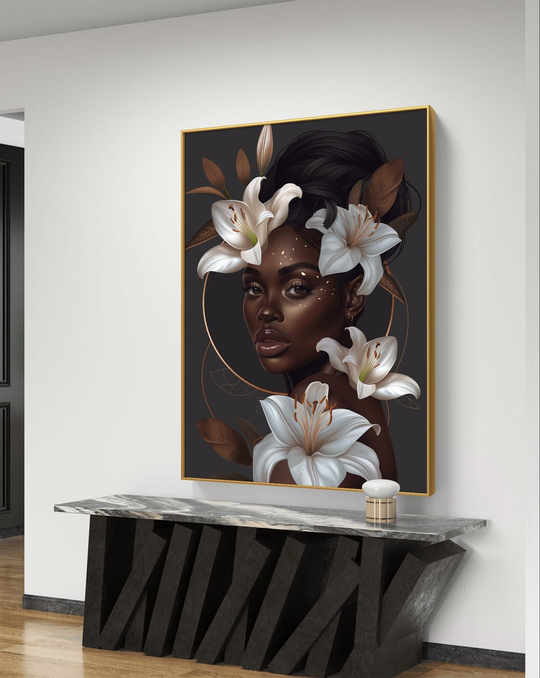 Elegant Afrocentric Portrait Art Print, Floral and Gold Accents, Modern ...