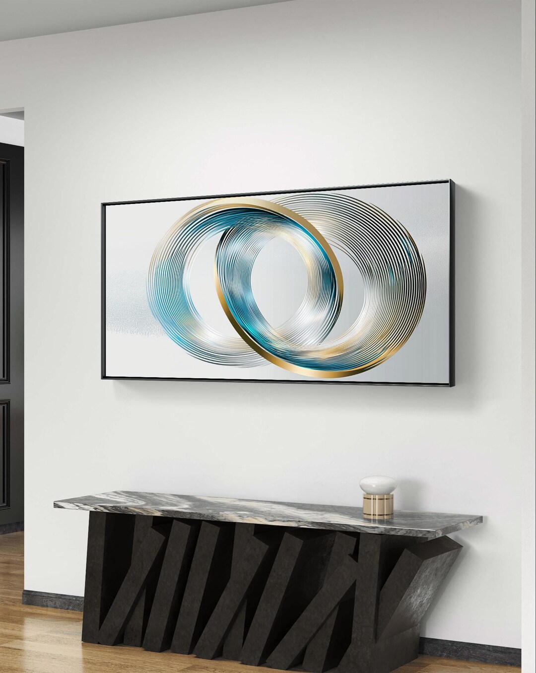 Elegant Blue and Gold Abstract Circular Art Print, Modern Minimalist ...