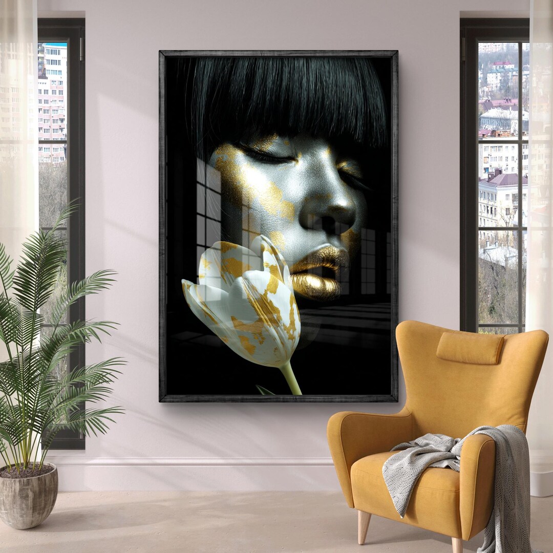 Silver & Gold Muse With Tulip – Luxury Minimalist Portrait - Etsy