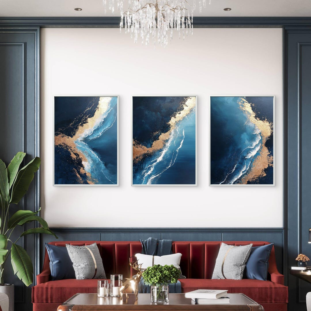 Blue and Gold Ocean Triptych Wall Art – Abstract Seascape Digital Print ...