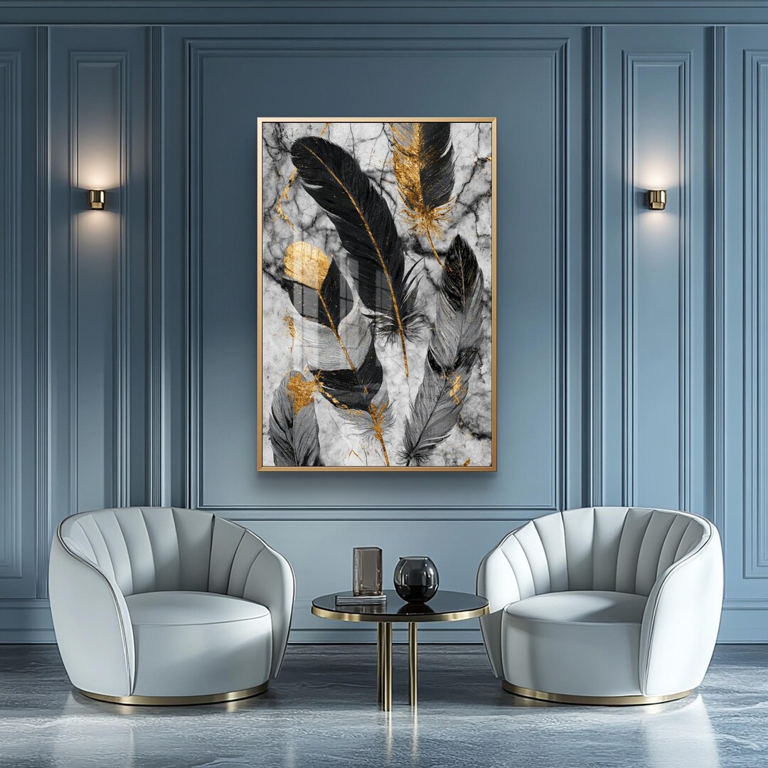 Black and Gold Feathers on Marble – Elegant Digital Print - Etsy