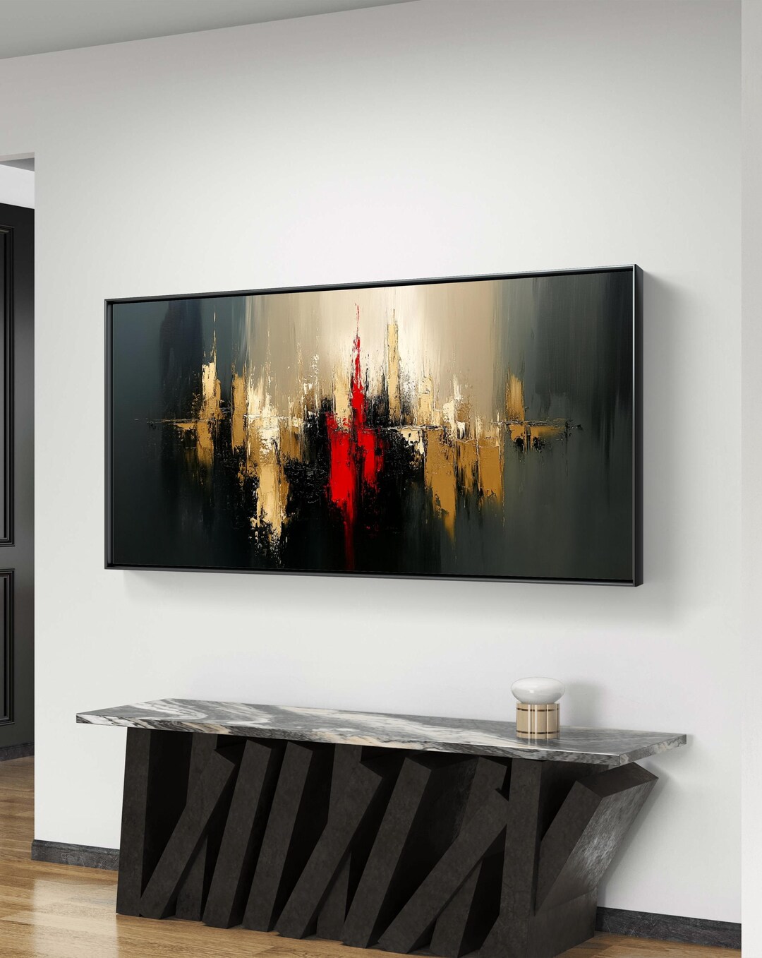 Modern Abstract Cityscape Painting With Red Accent – Contemporary Wall ...