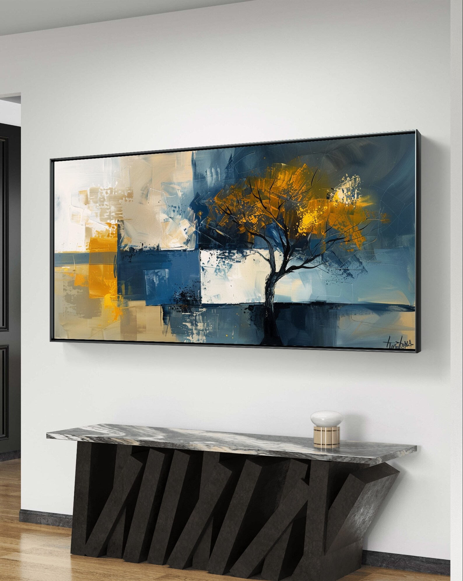 Golden Serenity Abstract Tree Art Printable - Blue and Yellow Wall ...