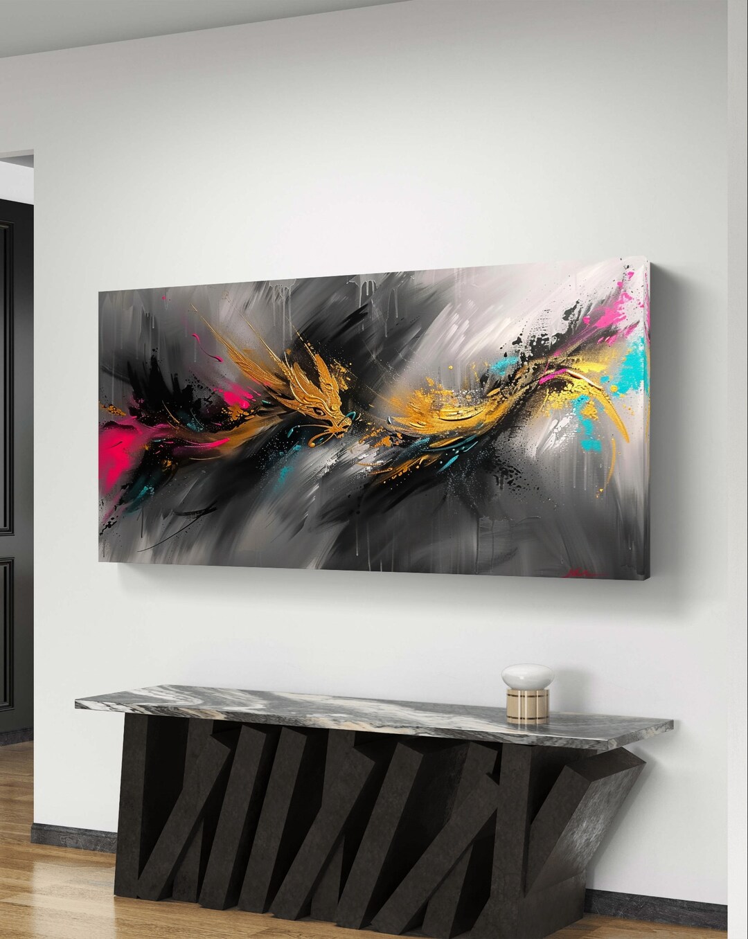 Dynamic Abstract Dragon Art Print, Black, Gold, and Neon Wall Art ...
