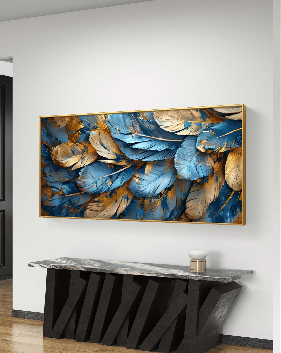 Gilded Elegance: Blue and Gold Feather Art - Etsy