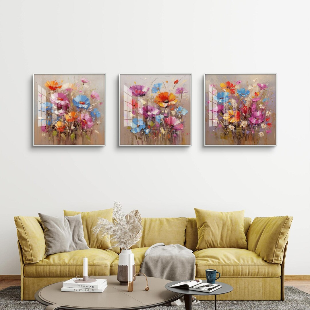 Colorful Floral Triptych Set of 3 – Square Digital Wall Art for Living ...