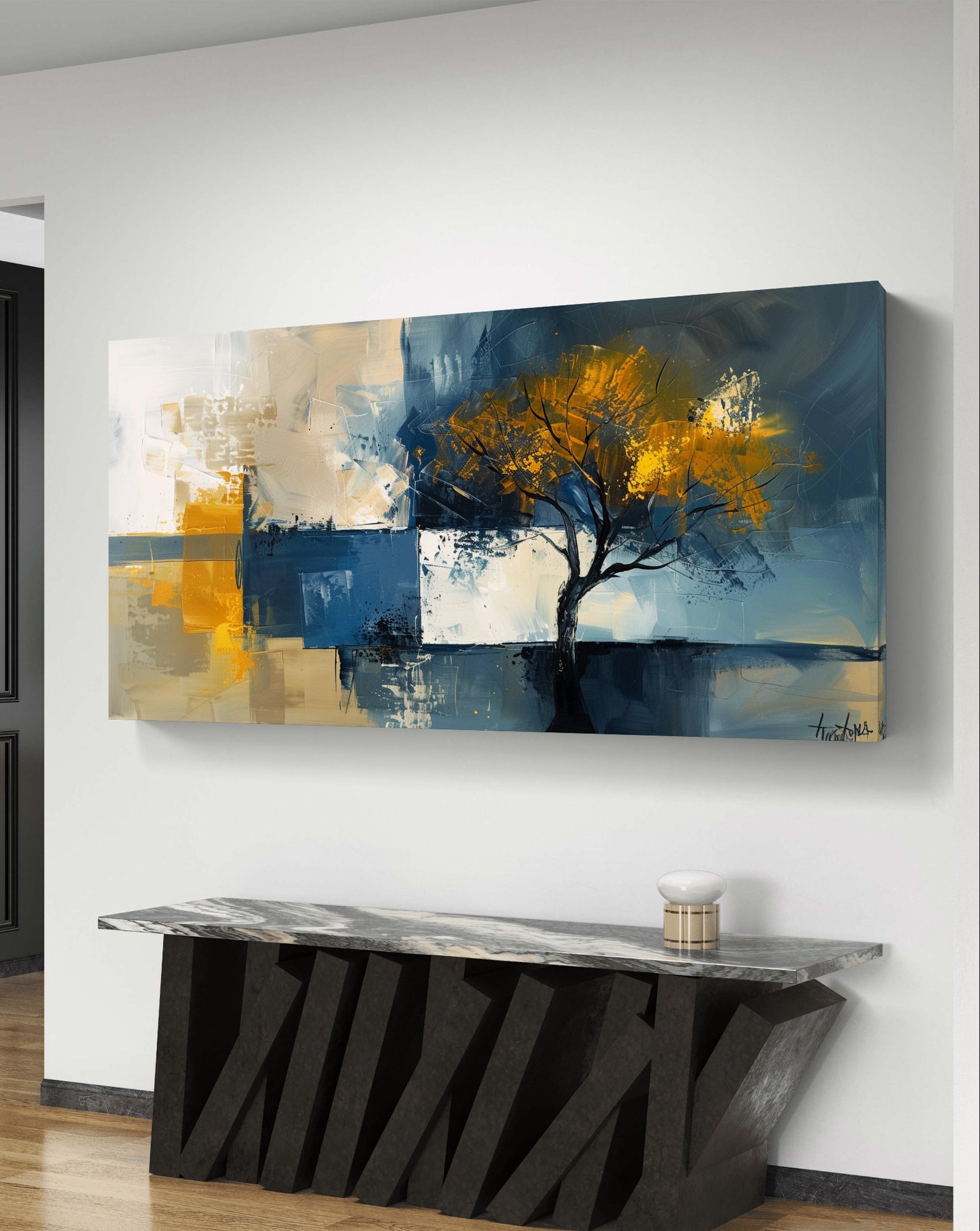 Golden Serenity Abstract Tree Art Printable - Blue and Yellow Wall ...