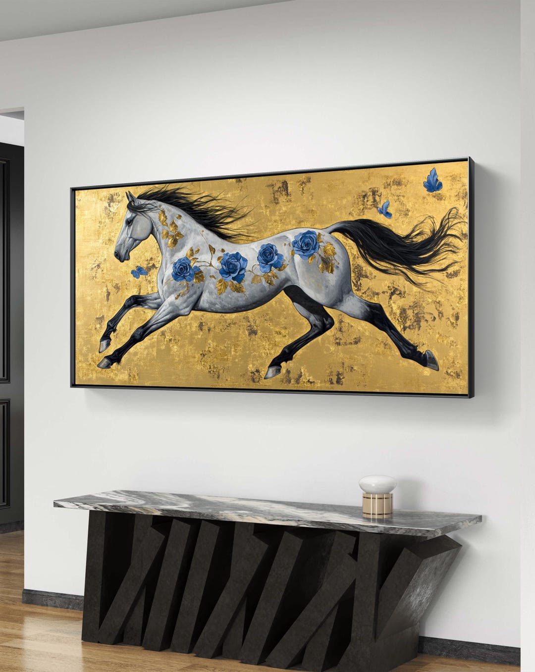 Elegant Running Horse With Blue Roses | Gold Background Digital Wall ...