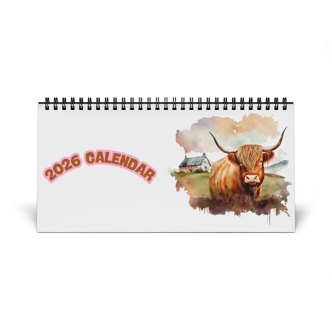 Highland Cow Desk Calendar 2026 | Desktop Spiral Grid Calendar | Rustic ...