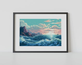 Seascape Pixel Art Unique Printable Wall Art Retro Video Game - Etsy