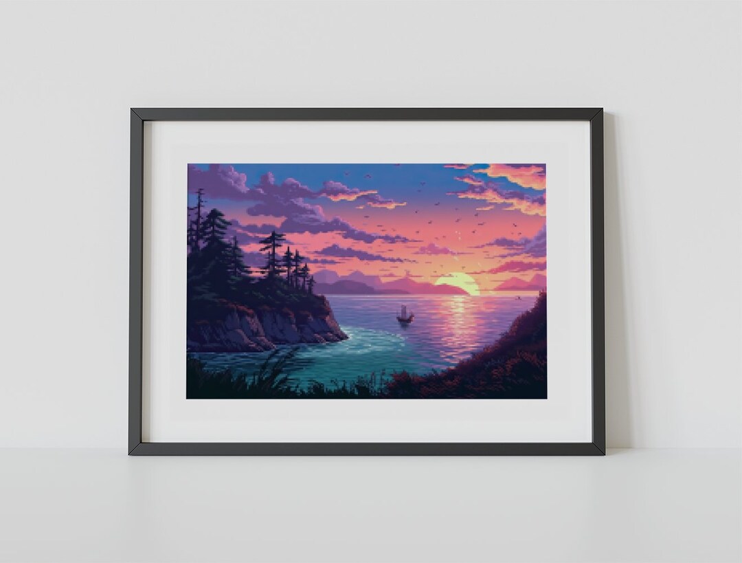 Seascape Pixel Art Unique Printable Wall Art Retro Video Game - Etsy