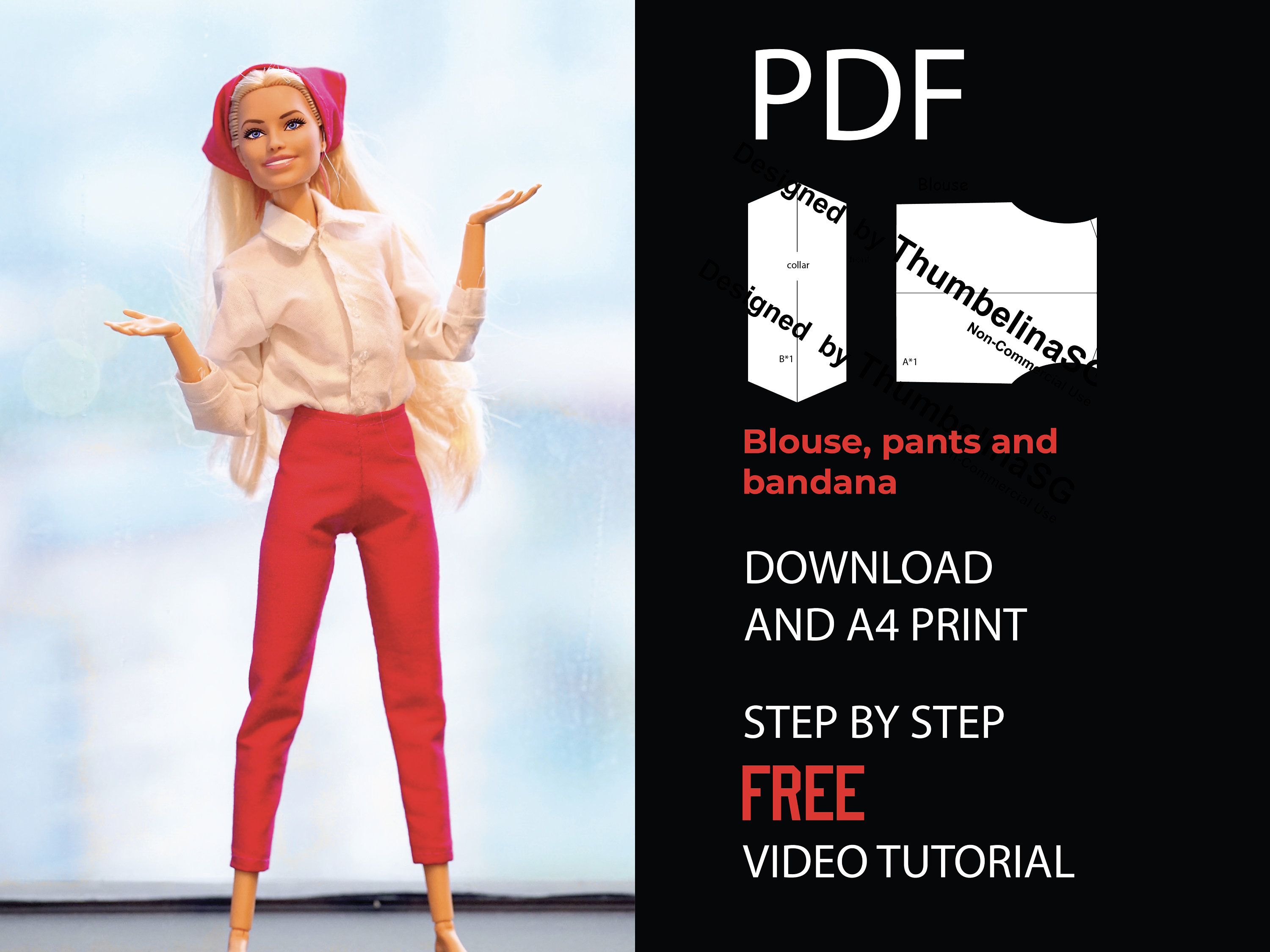 Doll Outfit Sewing Pattern: Pink Pants, Blouse, Bandana (digital ...