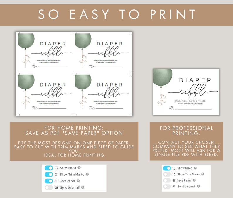 Sage Green and Gold Balloons Diaper Raffle Card, Diaper Raffle Game ...
