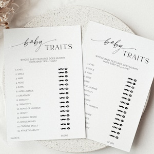 Baby Traits Game, Minimalist Baby Shower Games, Baby Shower Trivia ...