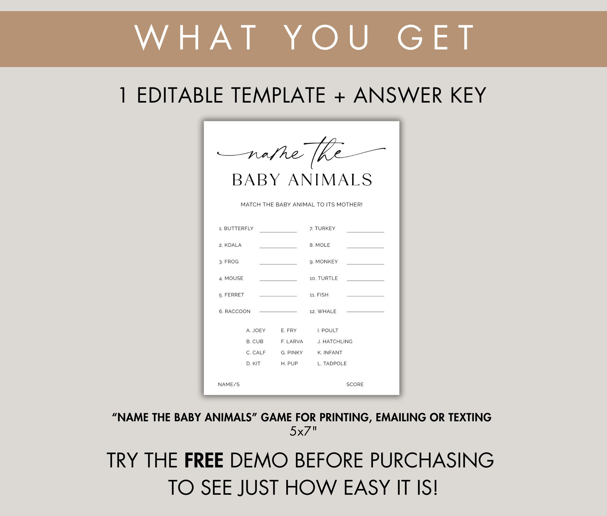 Baby Animal Game, Name the Baby Animal Game, Printable Minimalist Baby ...