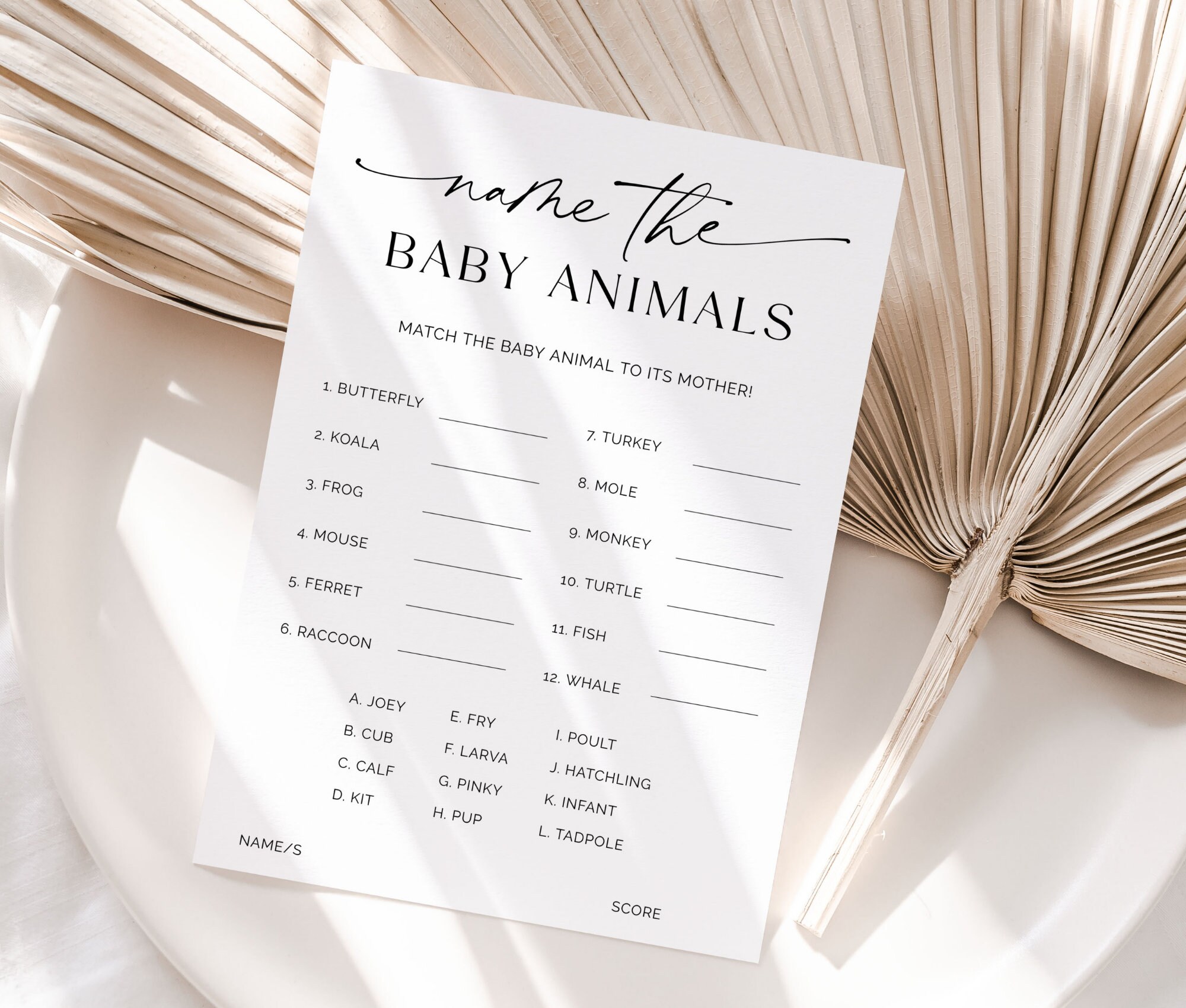 Baby Animal Game, Name the Baby Animal Game, Printable Minimalist Baby ...