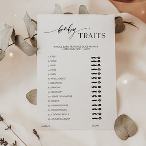 Baby Traits Game, Minimalist Baby Shower Games, Baby Shower Trivia ...