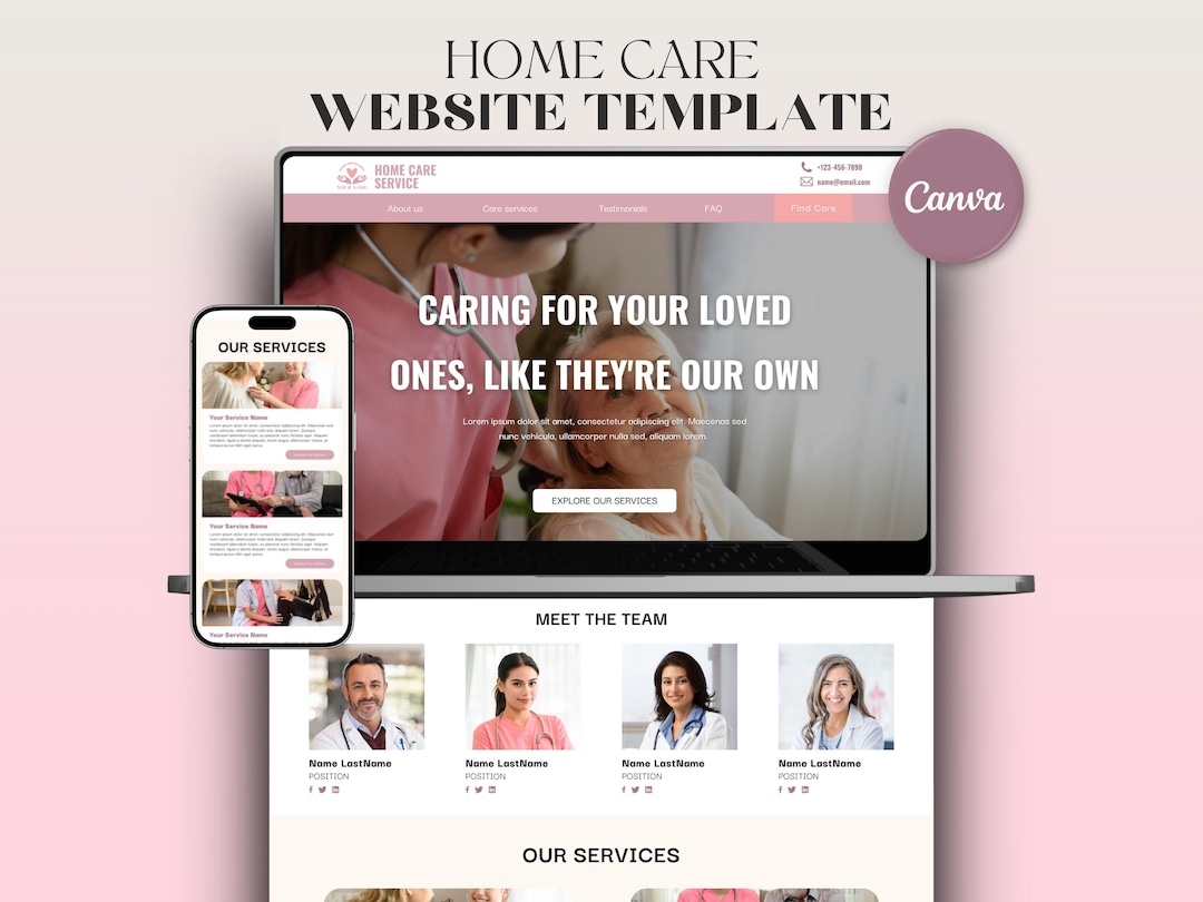 Home Care Canva Website Template, Professional Pink Care Giver Landing ...