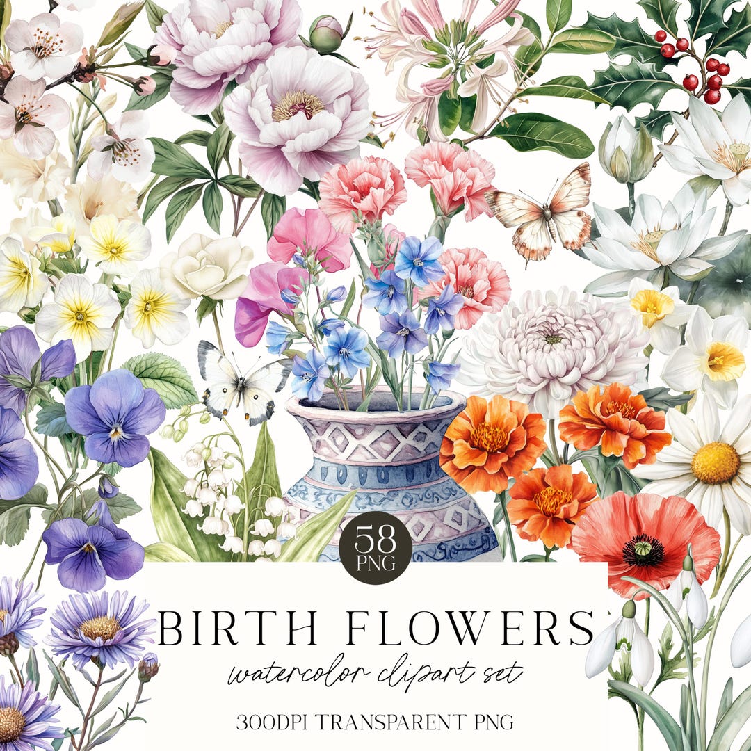 Watercolor Birth Flower Clip Art, Digital Stickers, Summer Clip Art ...